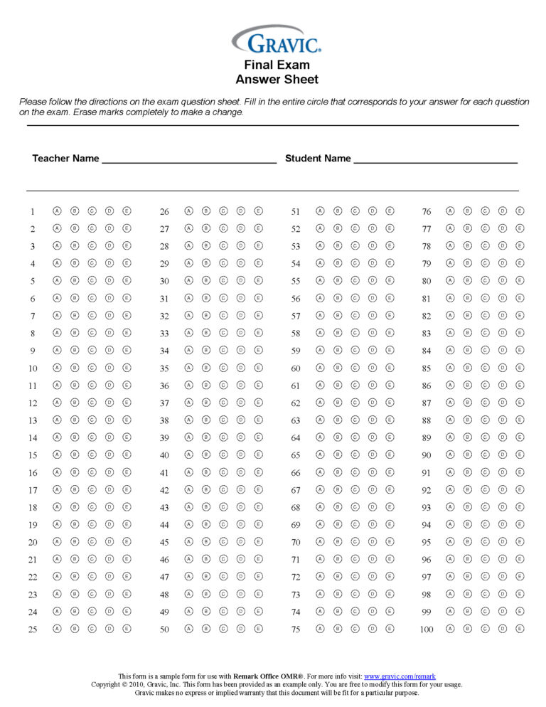 200 Question Answer Sheet Template