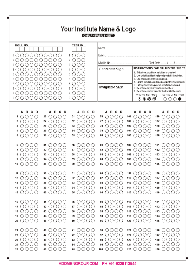 150 Question Answer Sheet Template