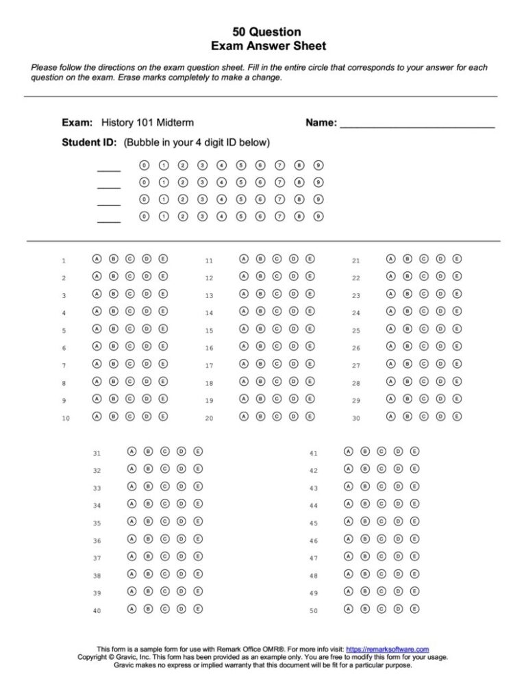 150 Question Answer Sheet Template