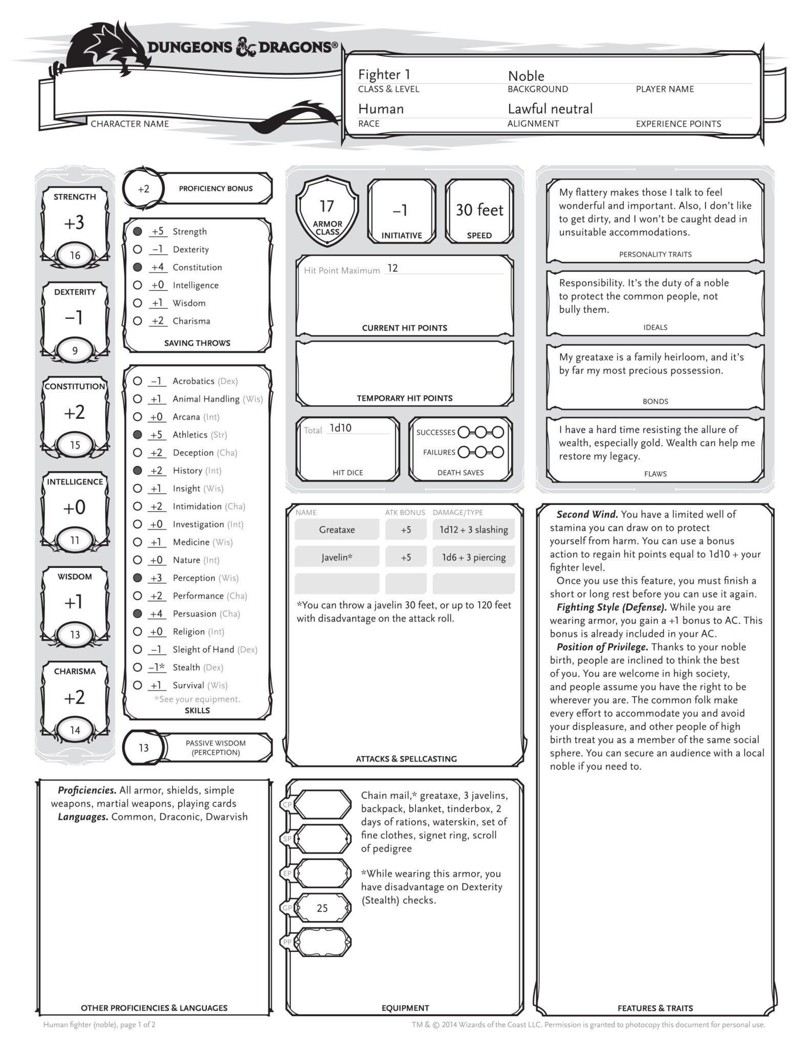 5th Edition Dnd Character Sheet Template