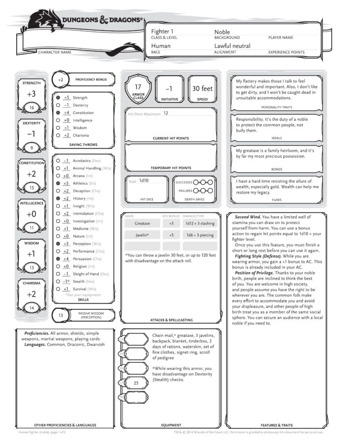 5th Edition Dnd Character Sheet Template