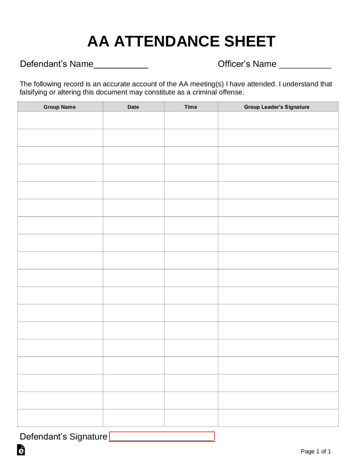 AA Meeting Sign In Sheet Template