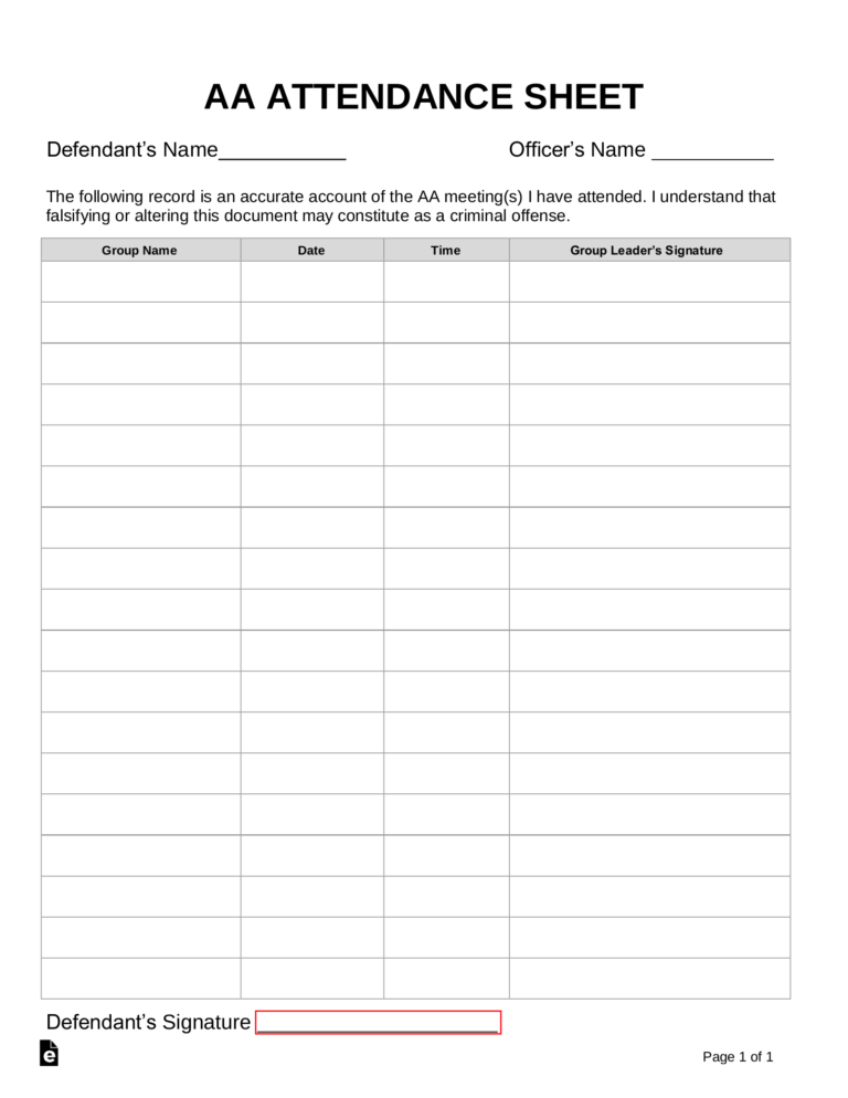 AA Meeting Sign In Sheet Template