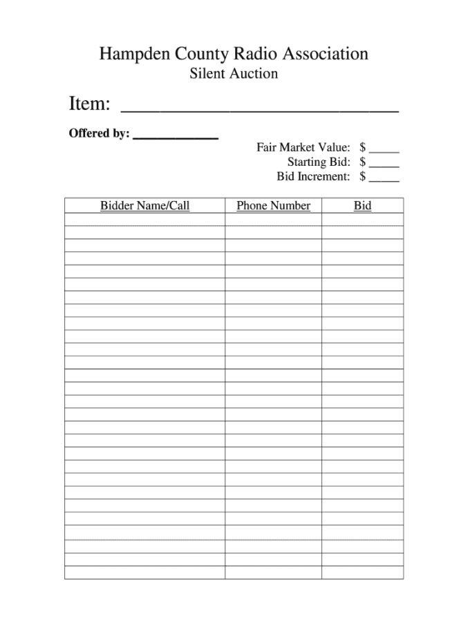 Auction Sign Up Sheet Template