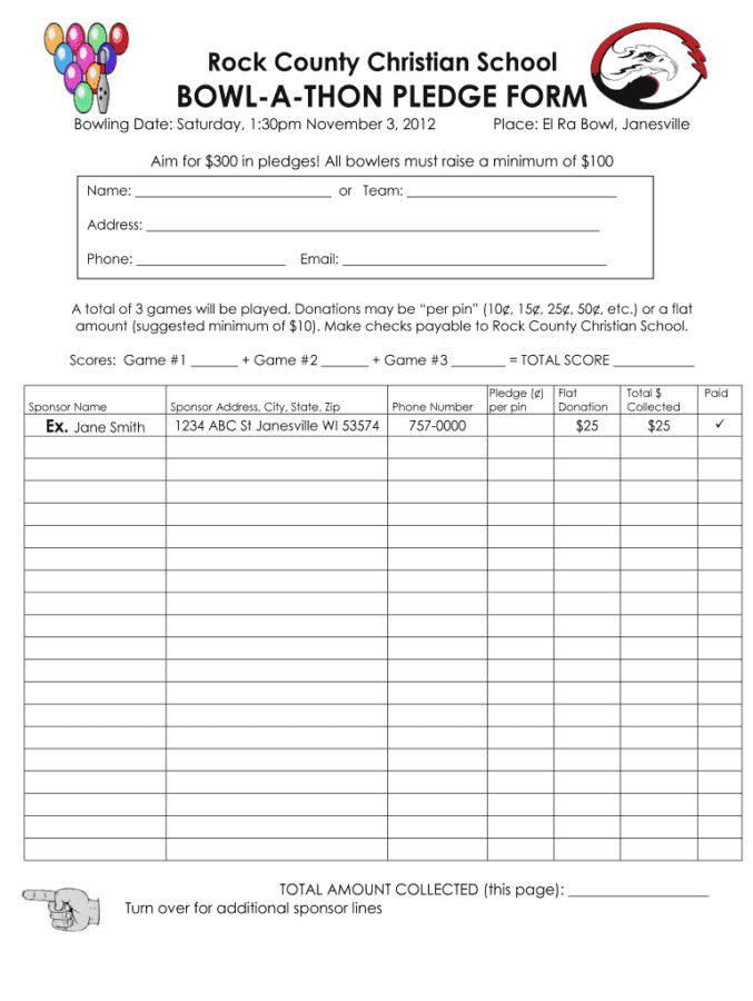 Bowl A Thon Pledge Sheet Template