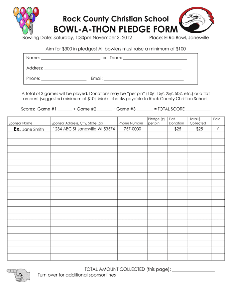 Bowl A Thon Pledge Sheet Template