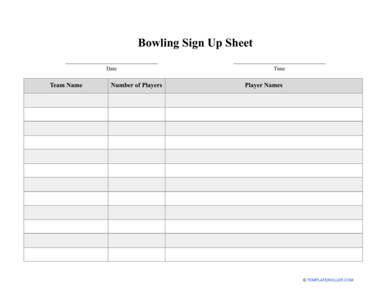 Bowling Sign Up Sheet Template