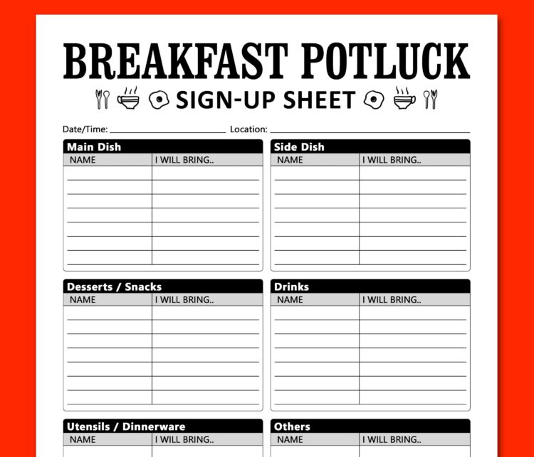 Breakfast Potluck Sign Up Sheet Template