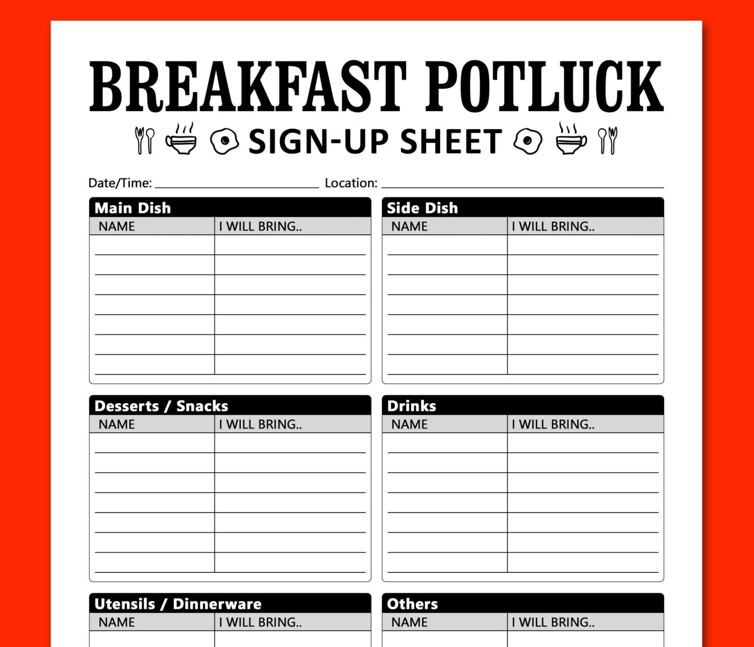 Breakfast Potluck Sign Up Sheet Template