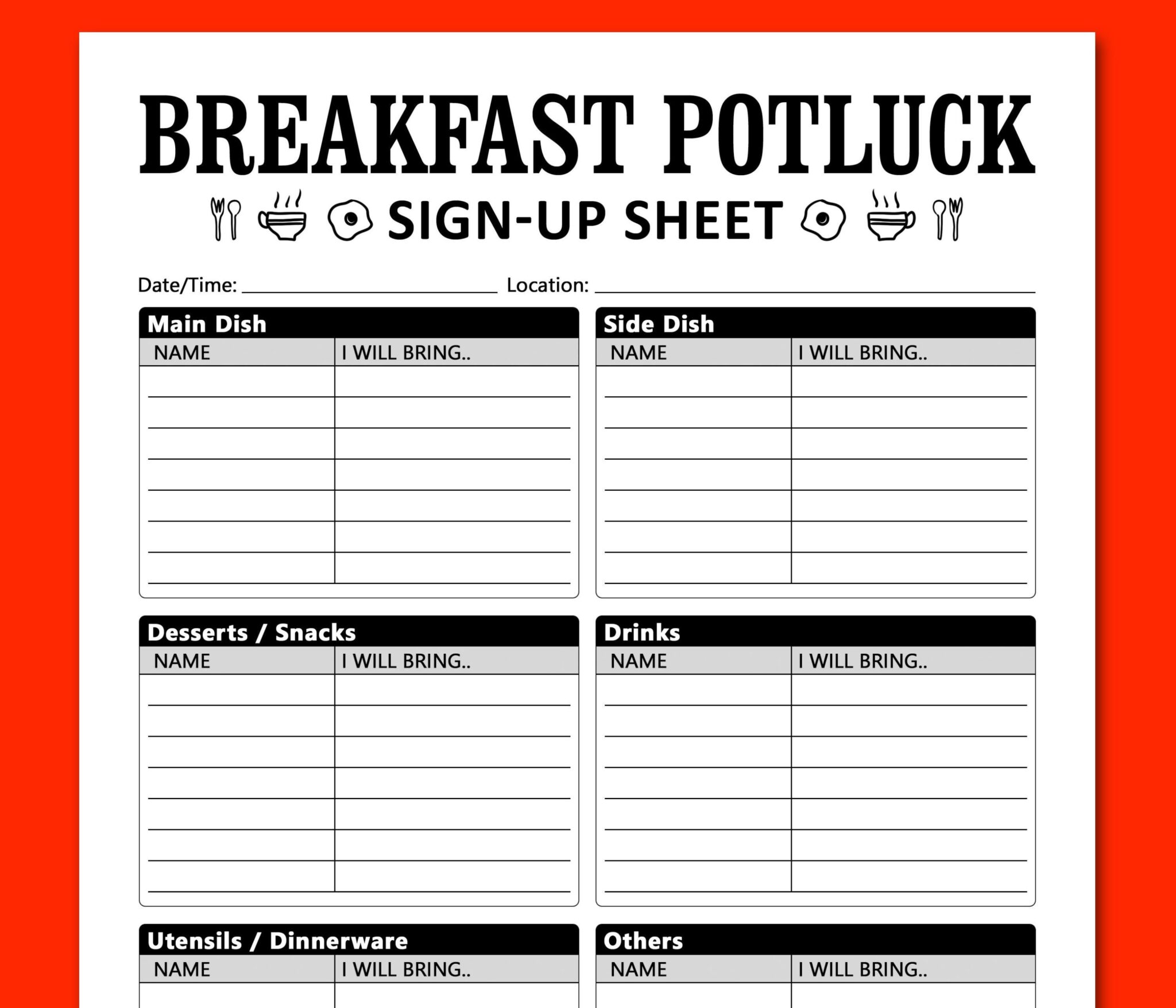 Breakfast Potluck Sign Up Sheet Template