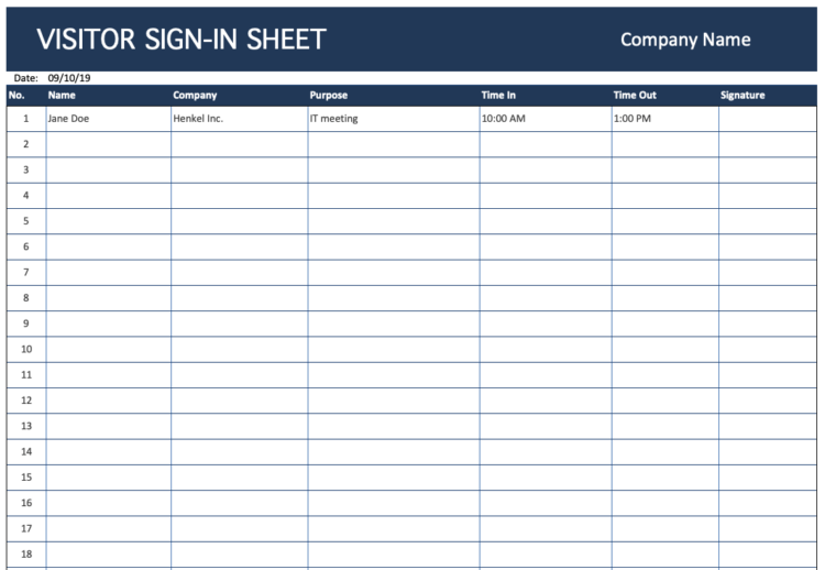 Business Visitor Sign In Sheet Template