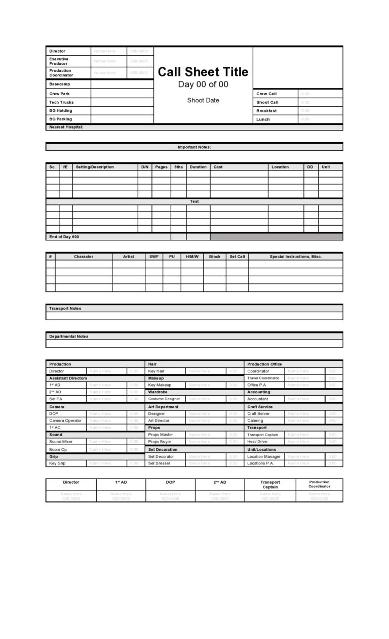 Call Sheet for Film Template