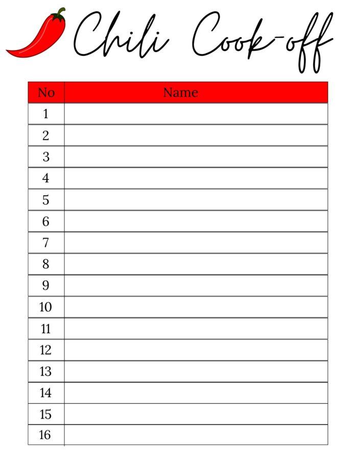 Printable Chili Cook Off Sign Up Sheet Template