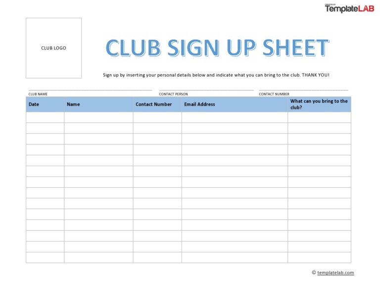 Book Club Sign Up Sheet Template