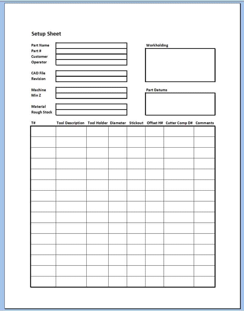 Cnc Tool Setup Sheet Template