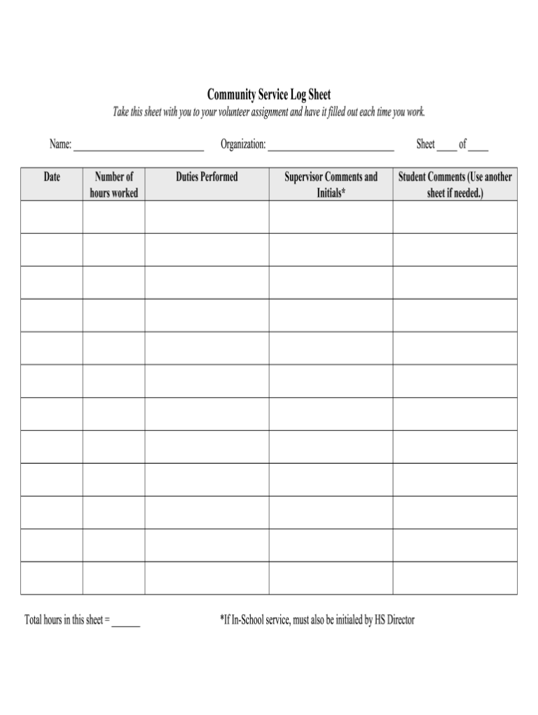 Community Service Hours Log Sheet Template