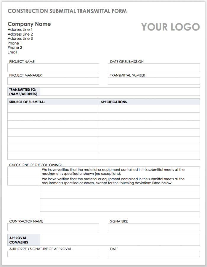 Construction Submittal Cover Sheet Template