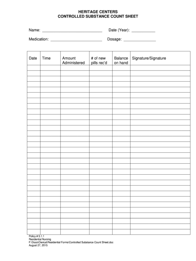 Surgical Instrument Count Sheet Template