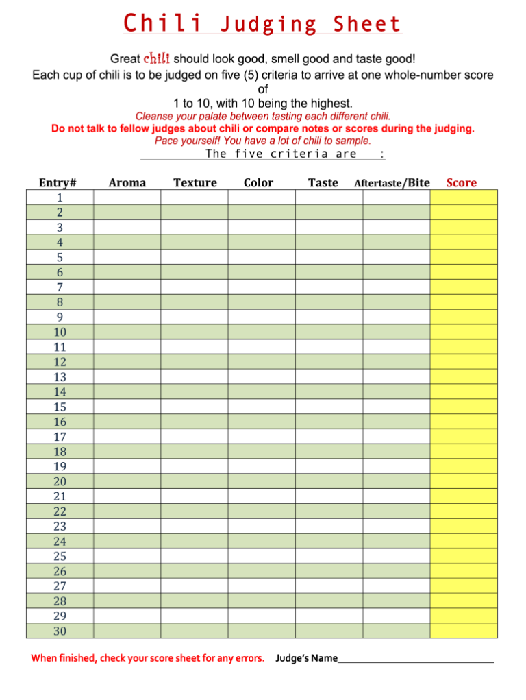 Printable Chili Cook Off Sign Up Sheet Template