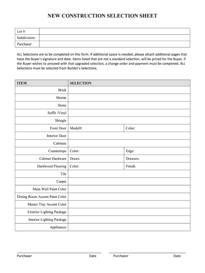 Custom Home Selection Sheet Template