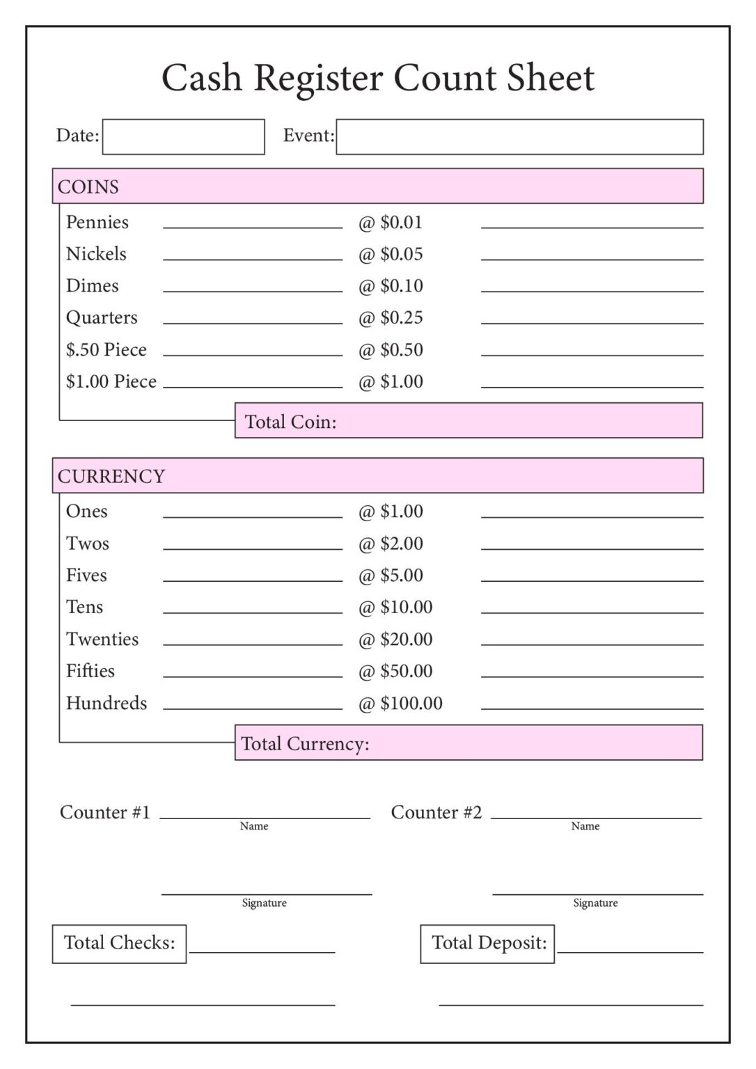 Daily Cash Count Sheet Template