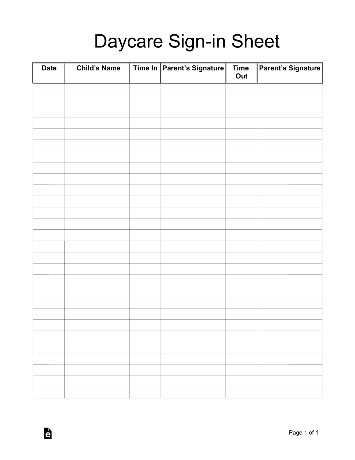 Daycare Sign In and Out Sheet Template