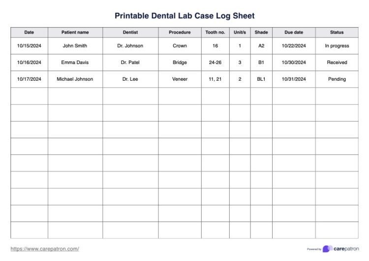 Dental Lab Case Log Sheet Template