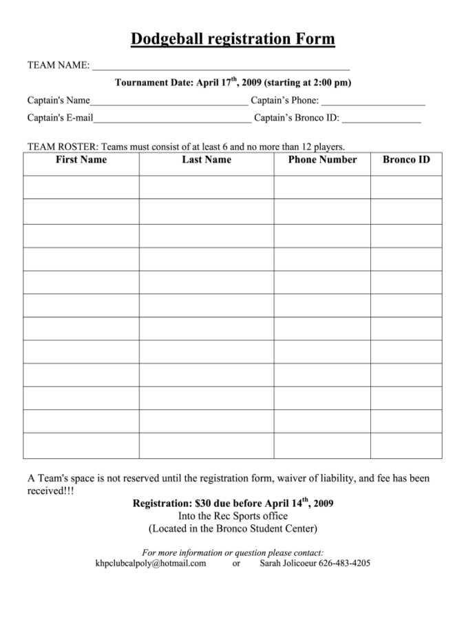 Dodgeball Sign Up Sheet Template