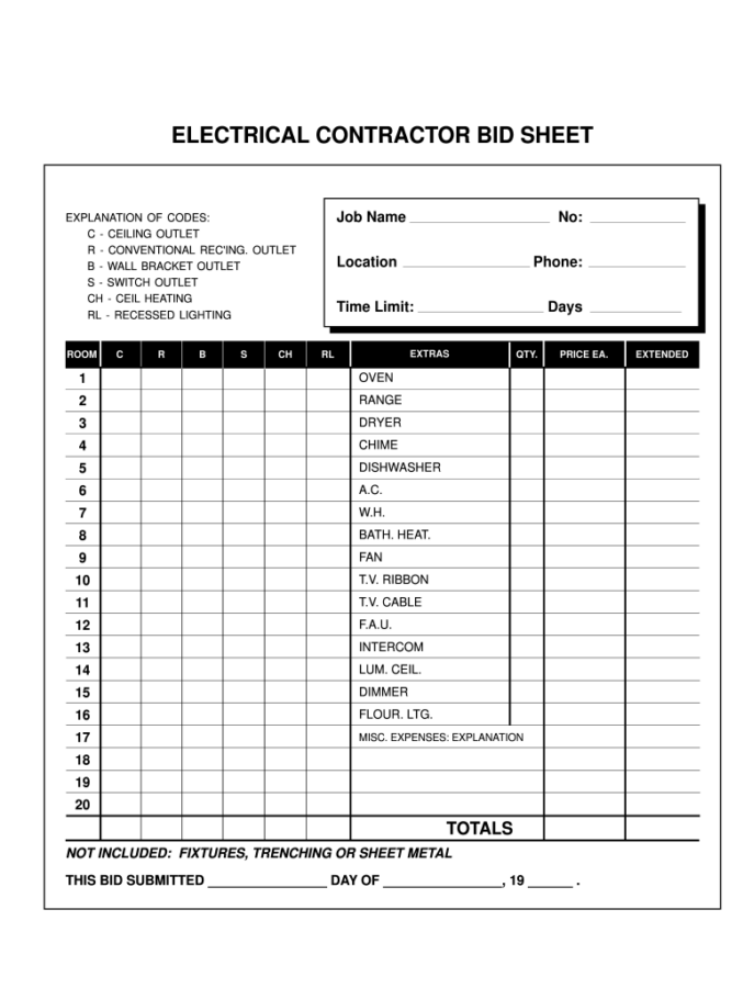 Electrical Contractor Bid Sheet Template