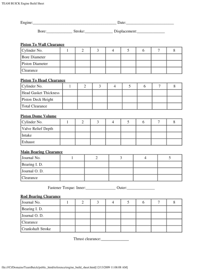 Engine Build Spec Sheet Template