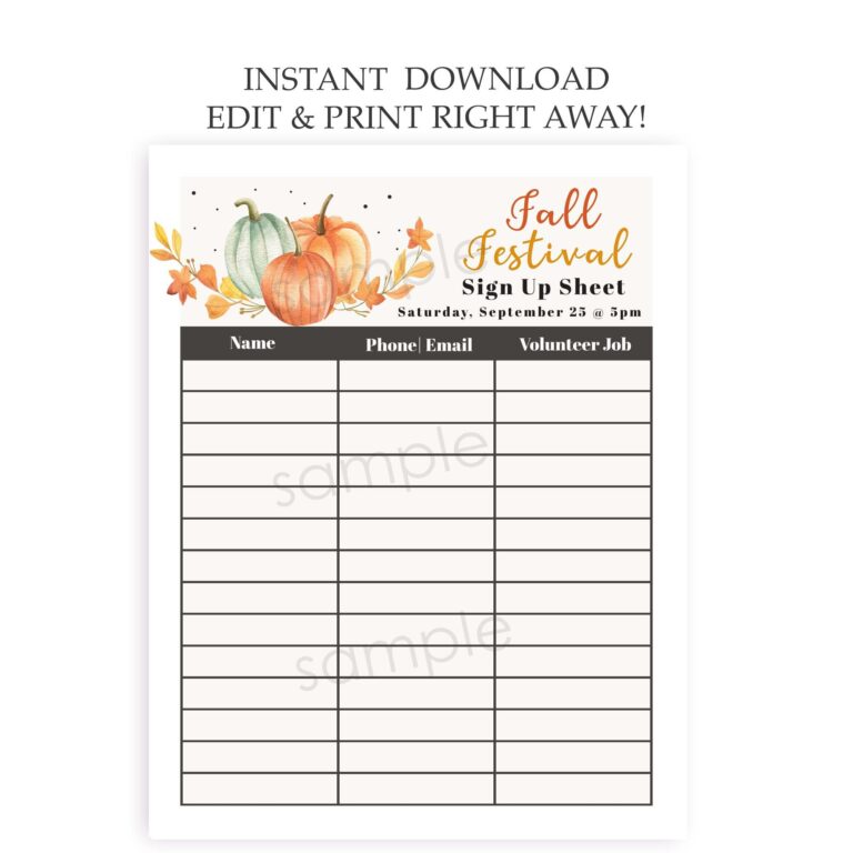 Fall Festival Sign Up Sheet Template