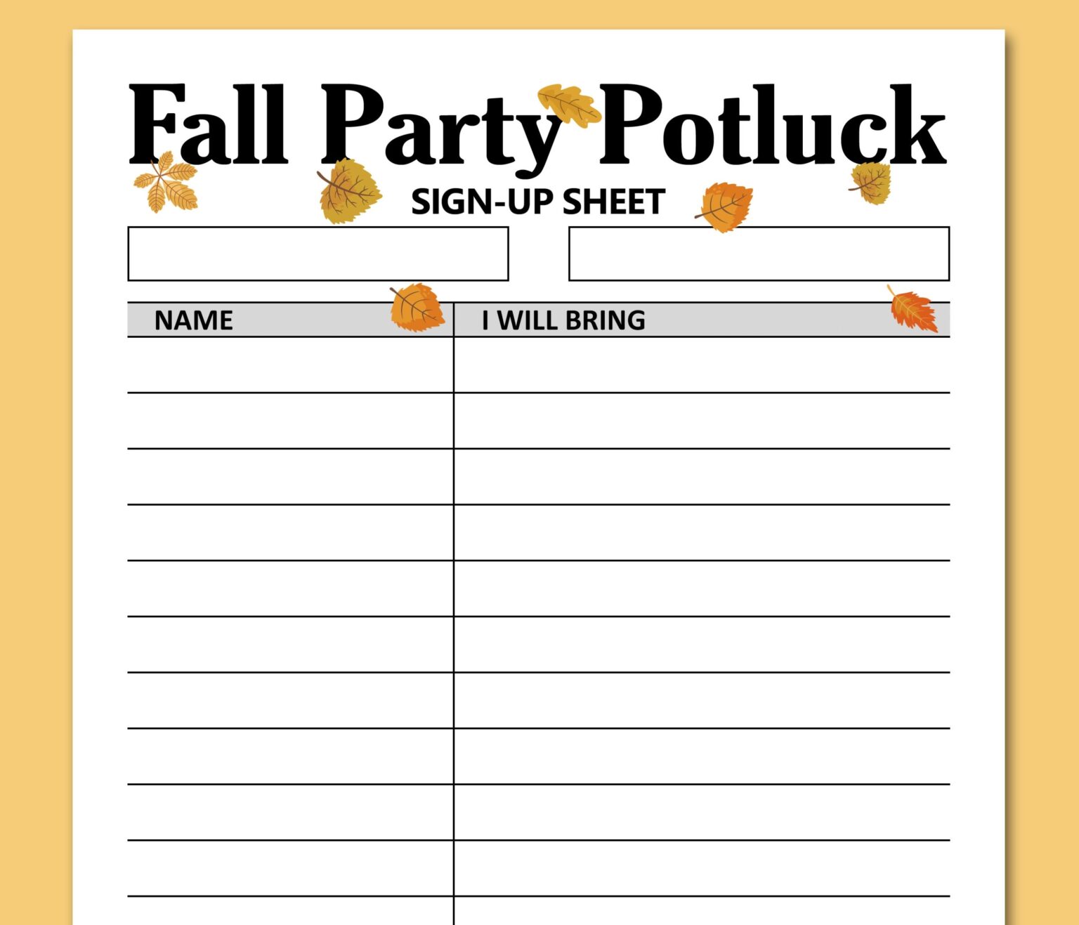 Fall Potluck Sign Up Sheet Template