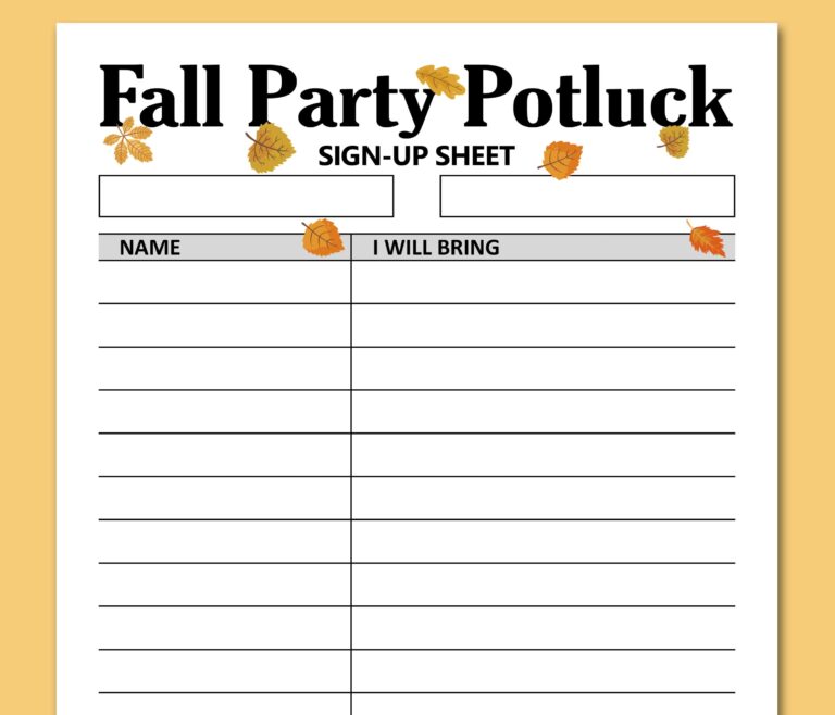 Fall Potluck Sign Up Sheet Template