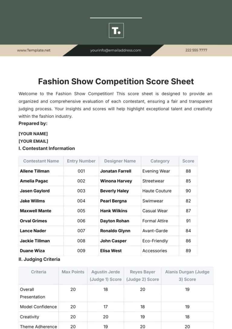 Food Judging Score Sheet Template