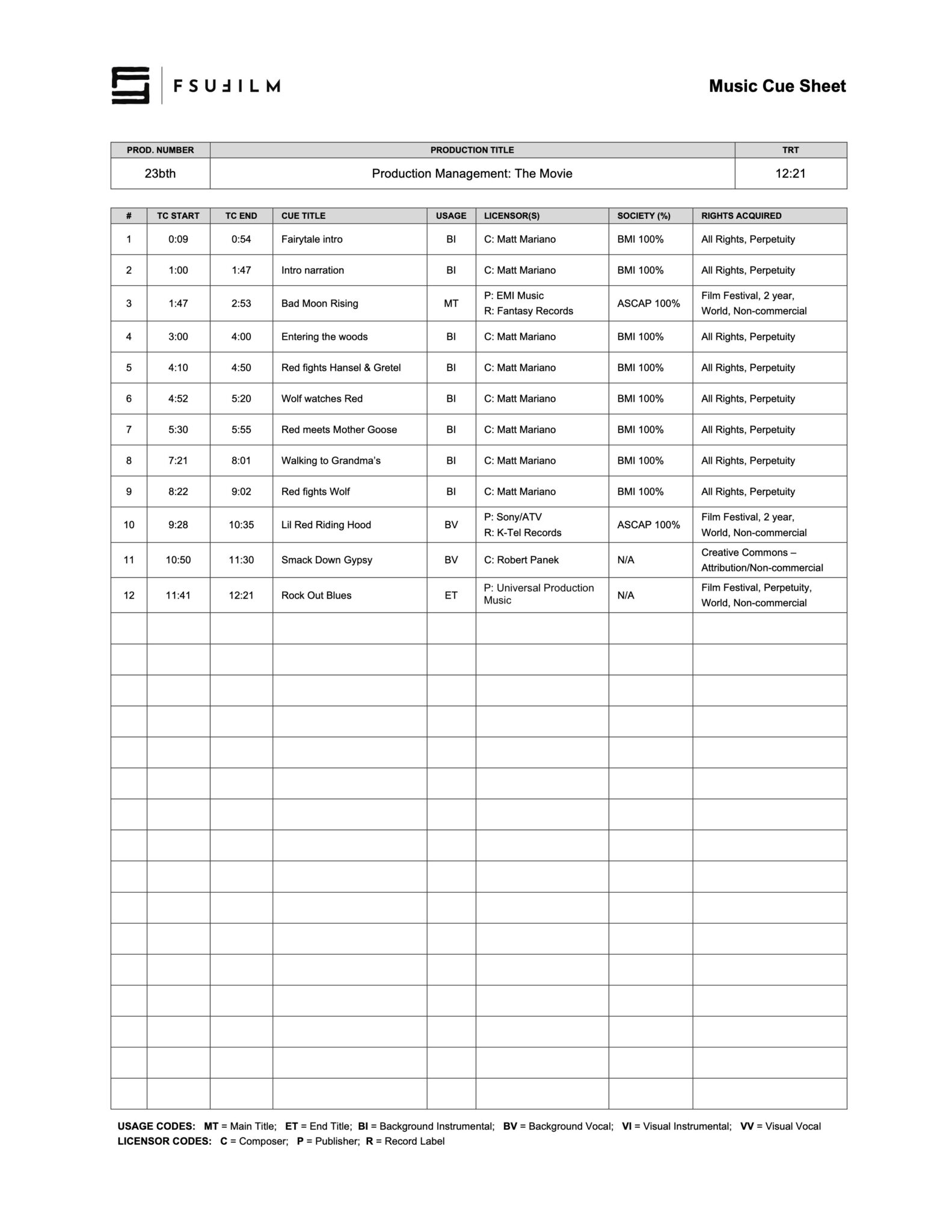 Film Music Cue Sheet Template