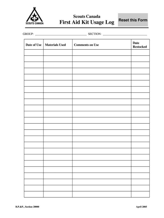 Printable First Aid Kit Log Sheet Template