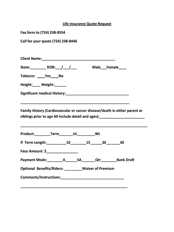 Life Insurance Quote Sheet Template