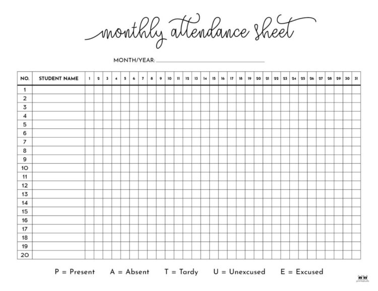 Monthly Class Attendance Sheet Template