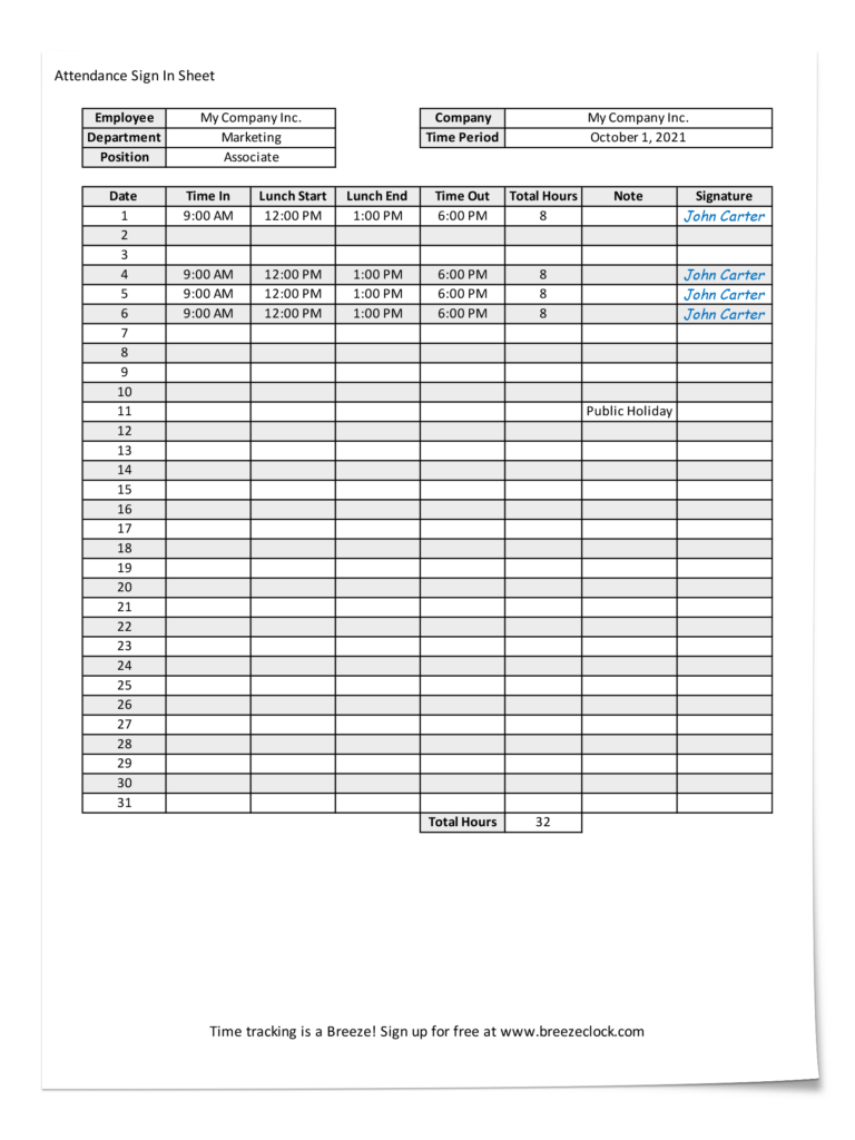 Monthly Employee Attendance Sheet Template