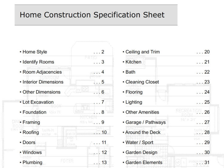 New Home Spec Sheet Template