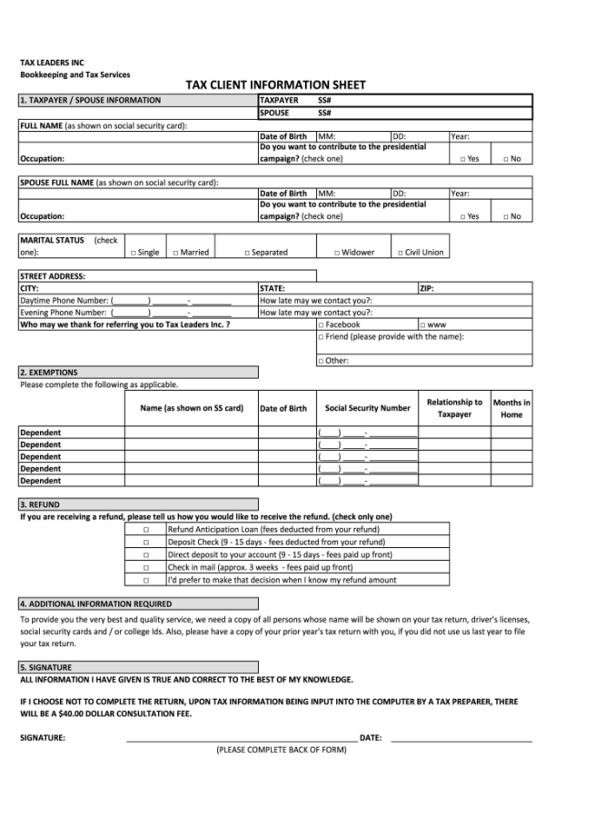 New Tax Client Information Sheet Template