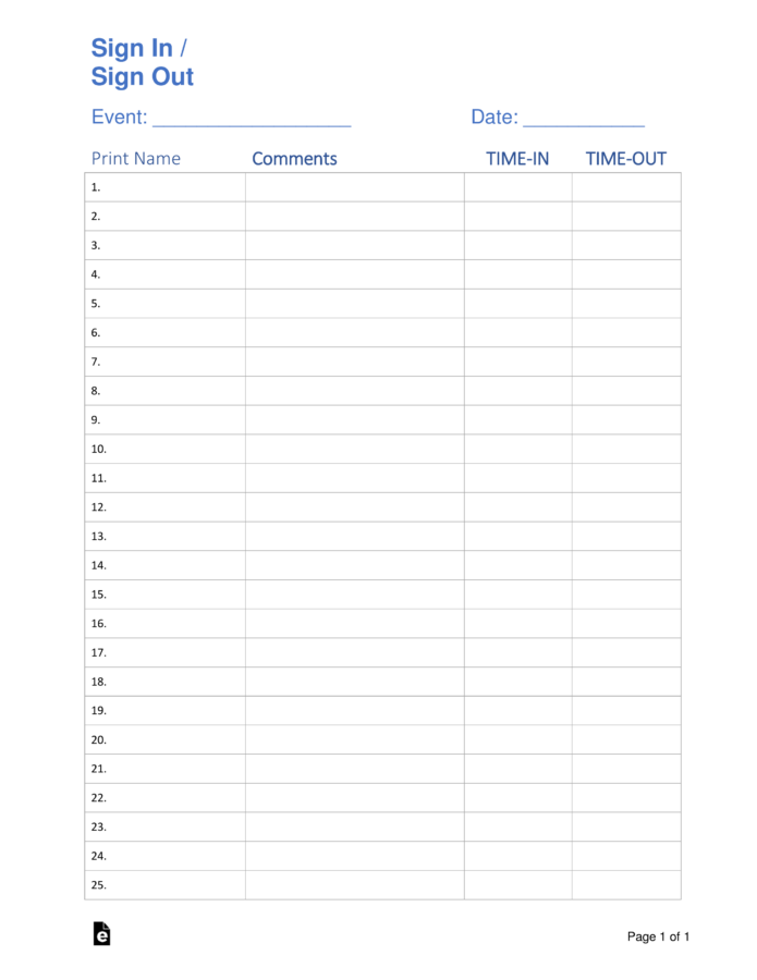 Sample Sign Out Sheet Template