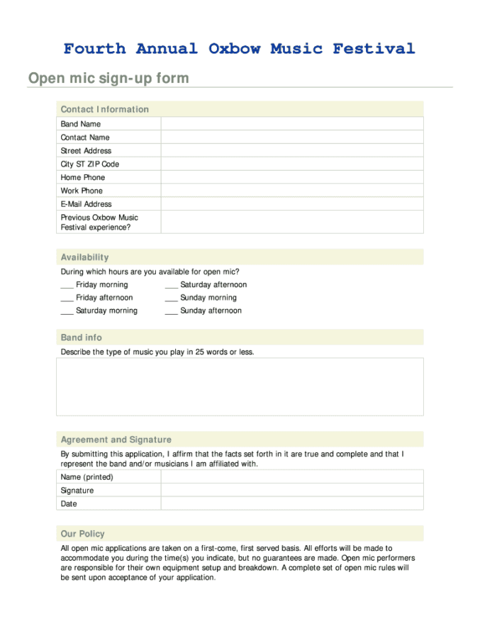 Open Mic Night Sign Up Sheet Template