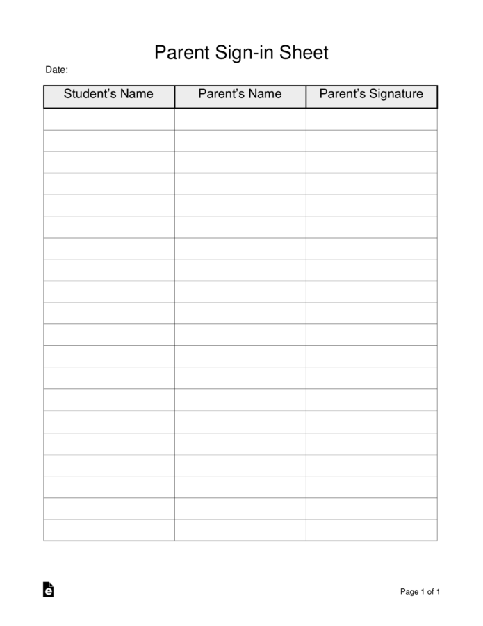 Parent Sign In Sheet Template
