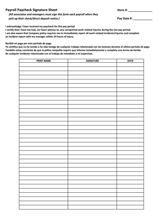 Paycheck Sign Off Sheet Template