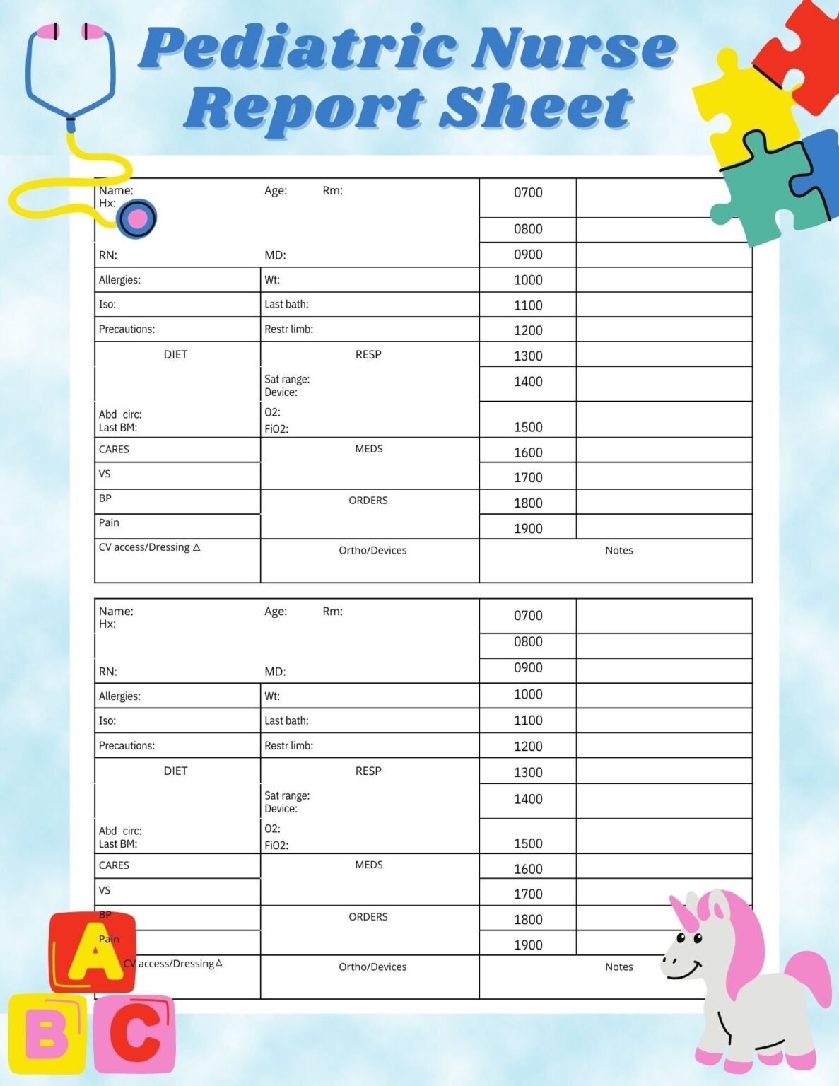Pediatric Nursing Report Sheet Template