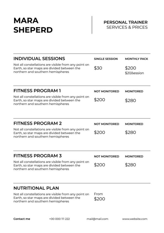 Personal Training Price Sheet Template
