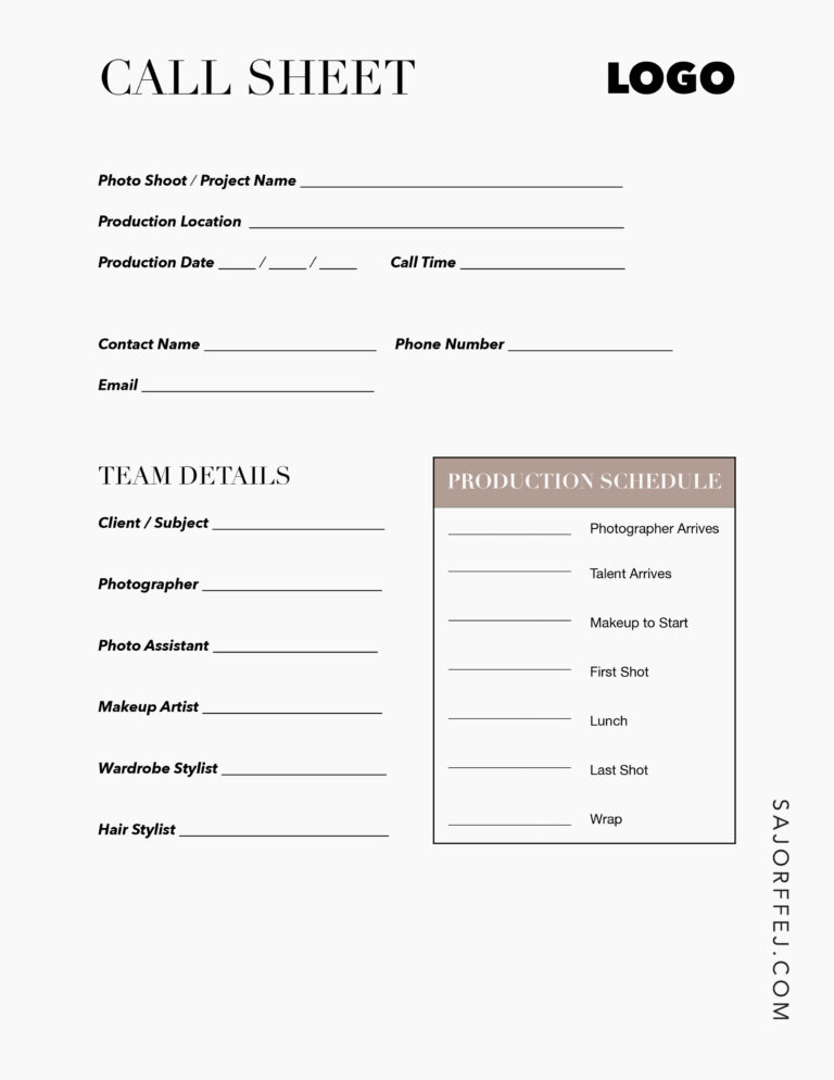 Photo Shoot Call Sheet Template