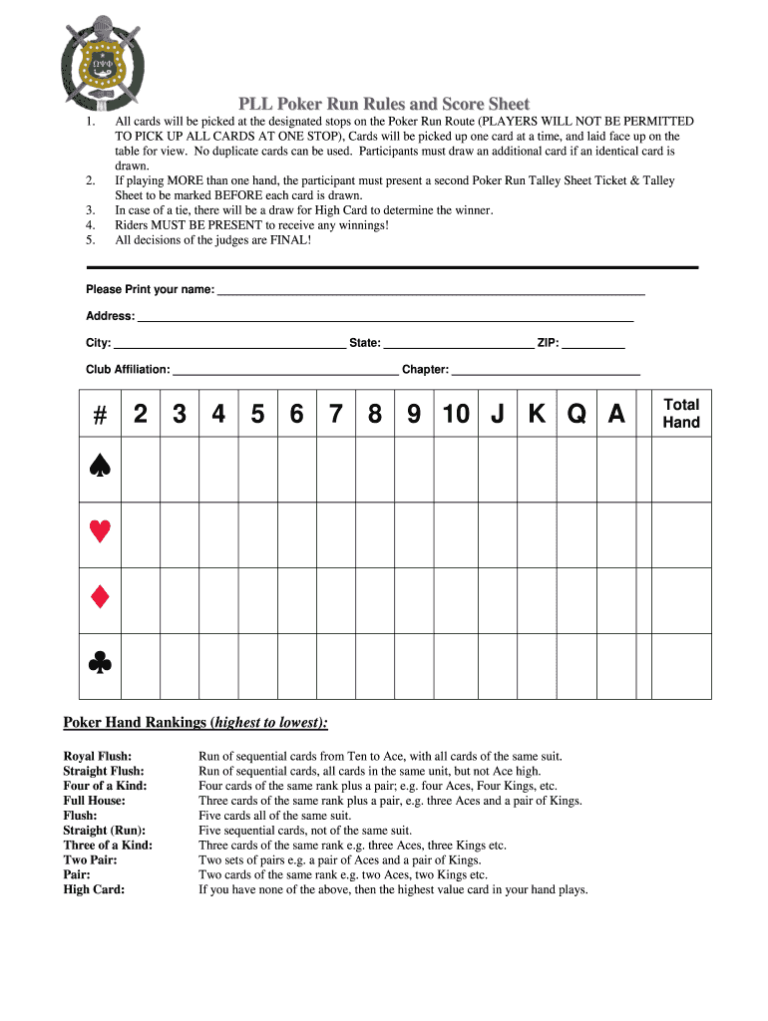 Printable Poker Run Score Sheet Template