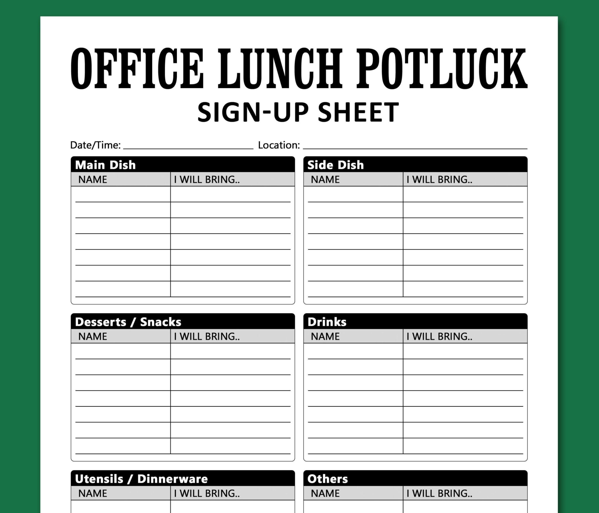 Potluck Lunch Sign Up Sheet Template